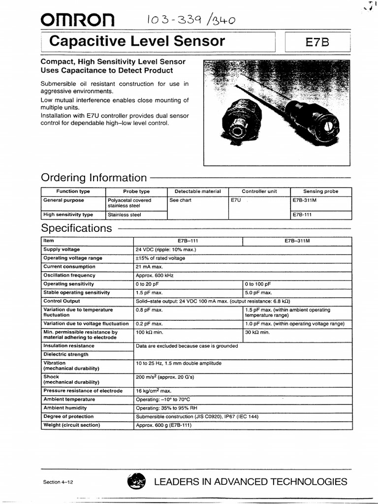 OMRON Cap Level Sensor - E7B-111 | PDF