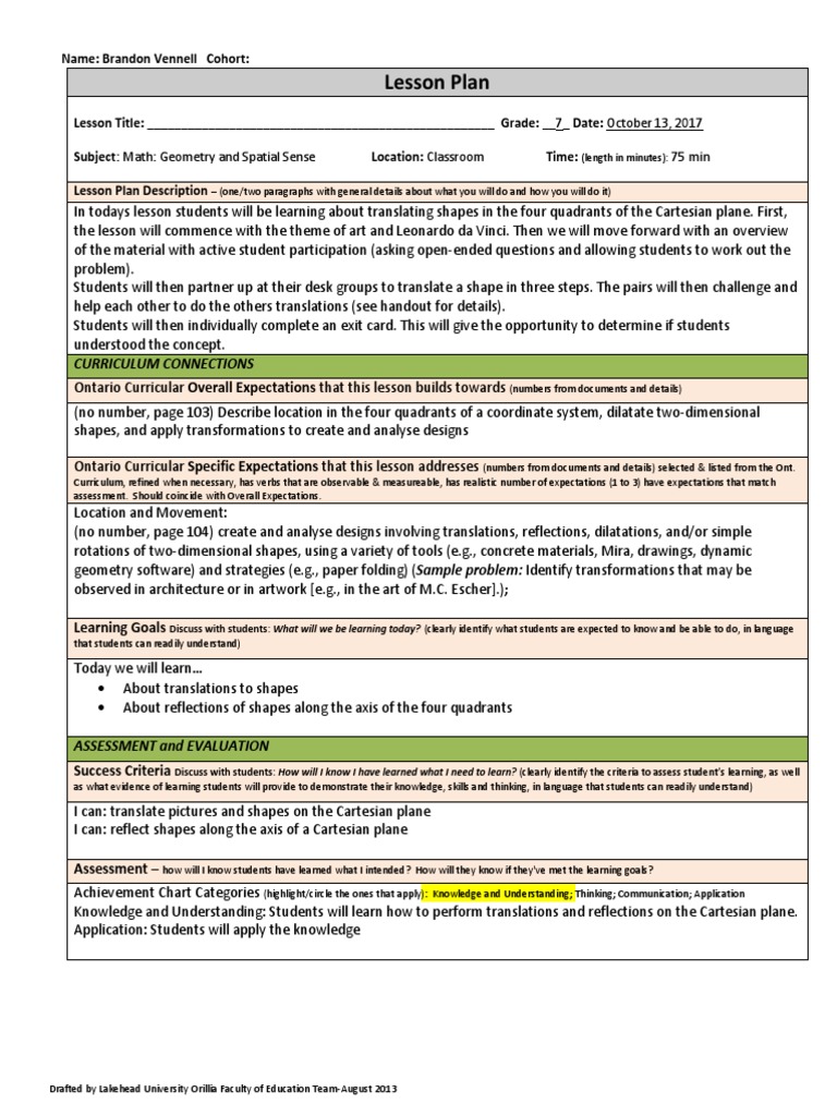 Math Lesson Plan 1 | PDF | Cartesian Coordinate System | Educational ...