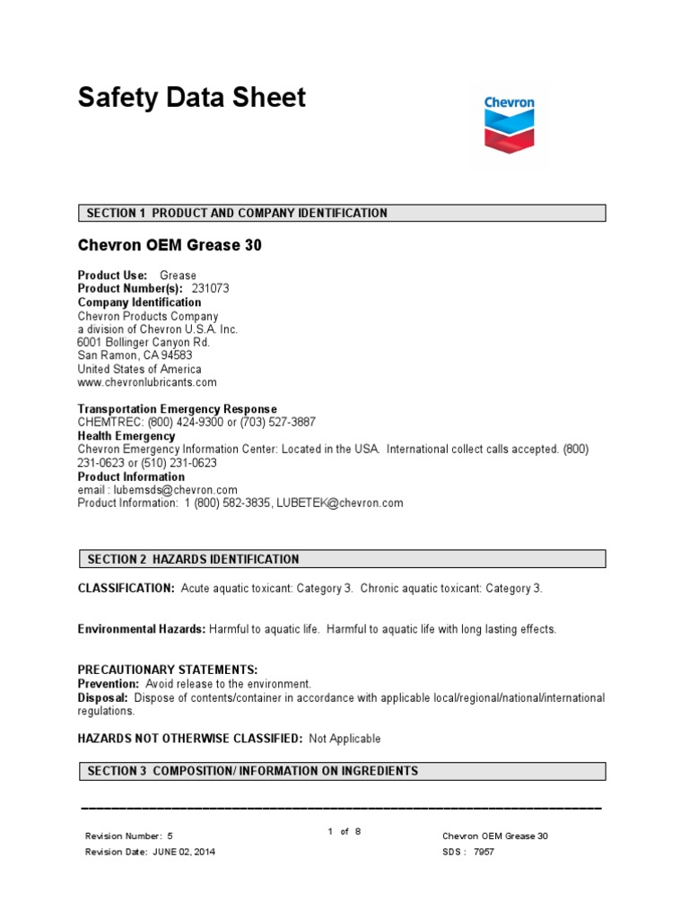 Safety Data Sheet: Chevron OEM Grease 30 | PDF | Toxicity | Personal ...