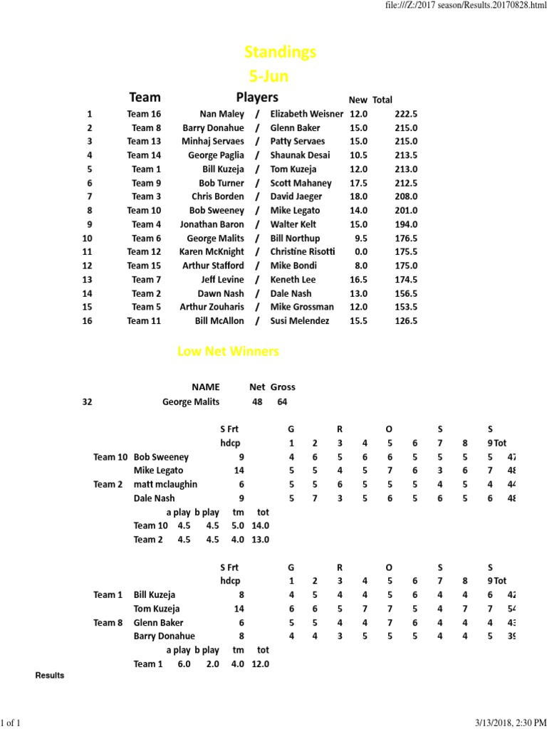 Team Standings and Low Net Winners | PDF