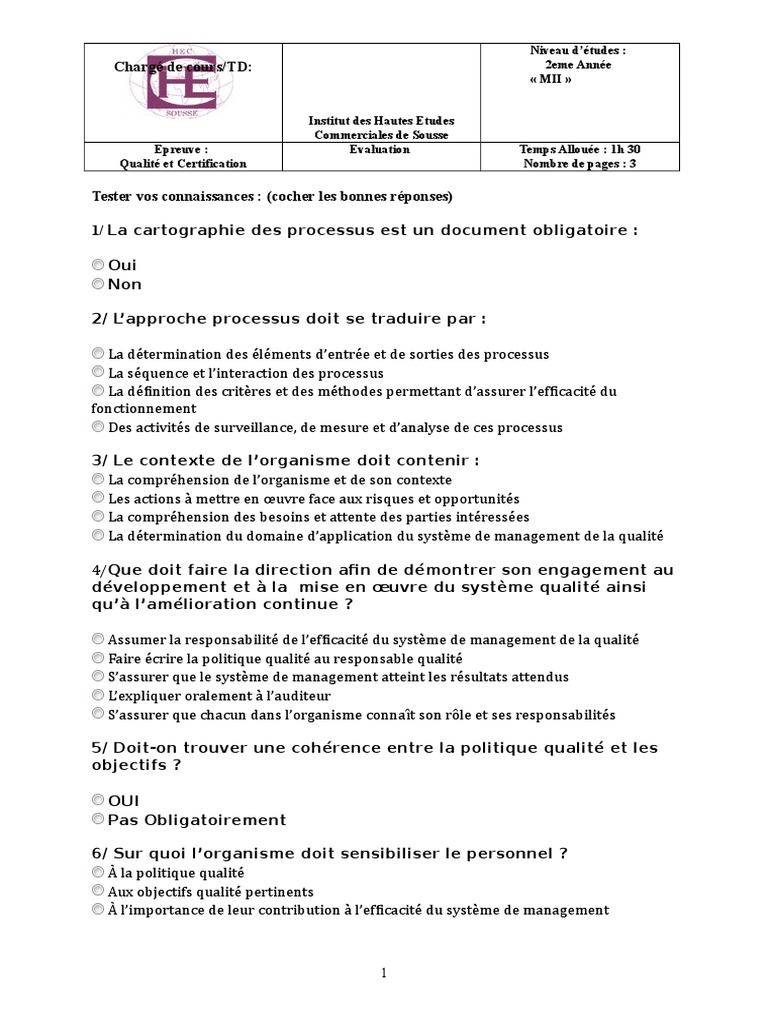 Examen Management de La Qualité 2 Groupe | Management de la qualité ...