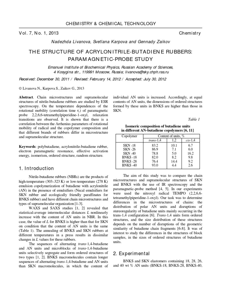 The Structure of Acrylonitrile-Butadiene Rubbers: Paramagnetic-Probe ...