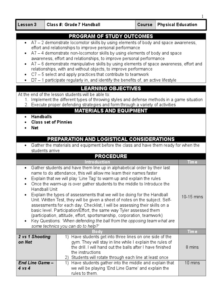 Grade 7 Handball Lesson Three | PDF | Educational Assessment | Physical ...