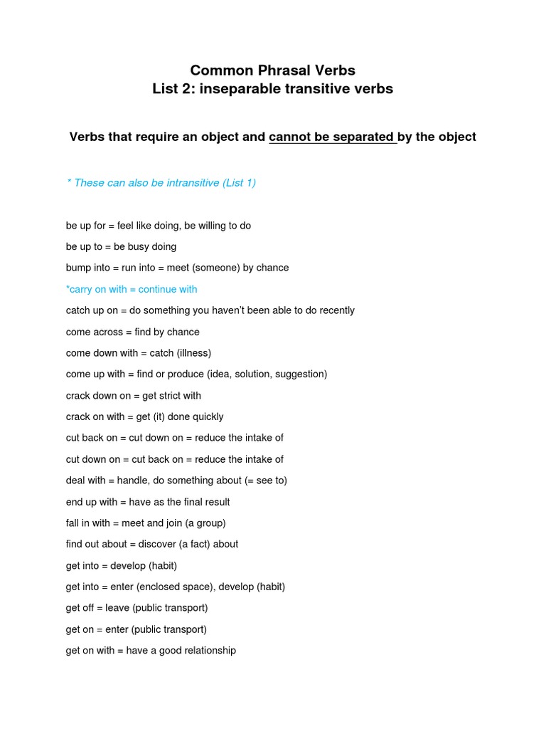 Common Phrasal Verbs List 2: Inseparable Transitive Verbs | PDF | Verb ...
