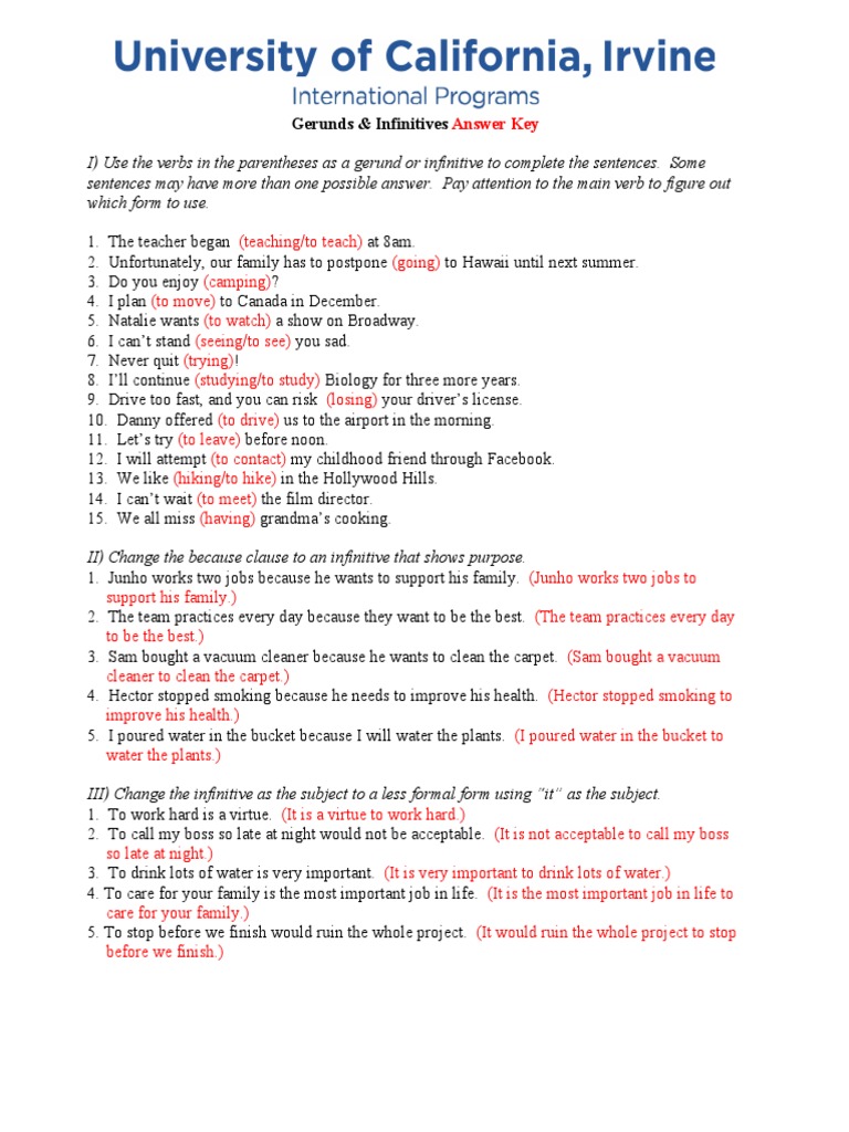 Gerunds & Infinitives: Answer Key | PDF | Sentence (Linguistics ...