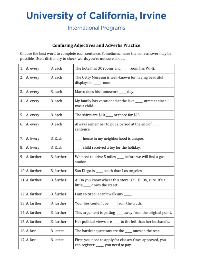 Confusing Adjectives and Adverbs Practice | PDF