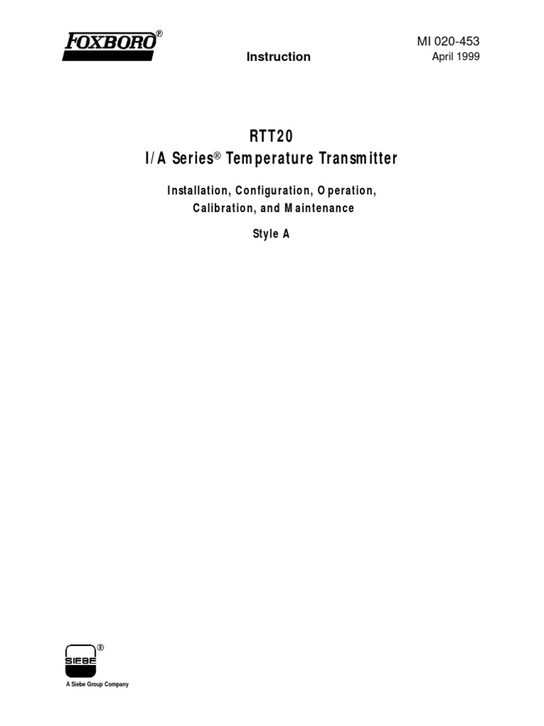 Foxboro Transmitter Model RTT20-I | PDF | Electrical Wiring | Screw