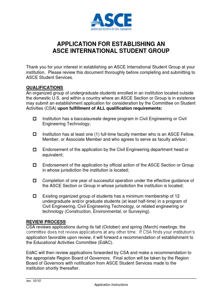 Application For Establishing An Asce International Student Group | PDF ...