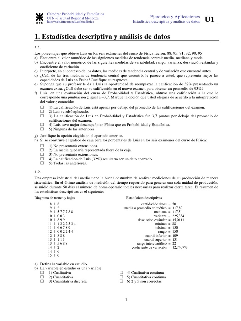 U1 Ejerc Descriptiva | PDF | Prueba (evaluación) | Desviación Estándar