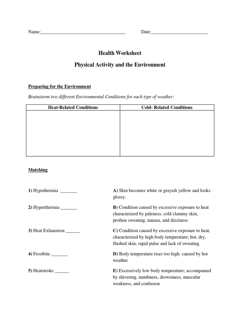 Physical Activity and The Enviorment - Worksheet | PDF