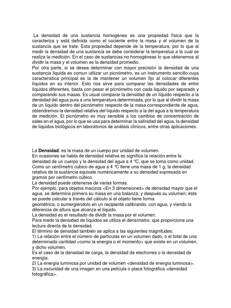 La Densidad de Una Sustancia Homogénea Es Una Propiedad Física Que La ...