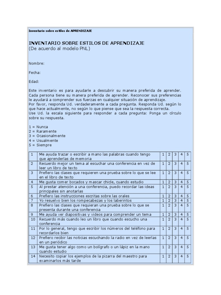 Inventario Sobre Estilos de APRENDIZAJE | PDF | Aprendizaje | Cognición