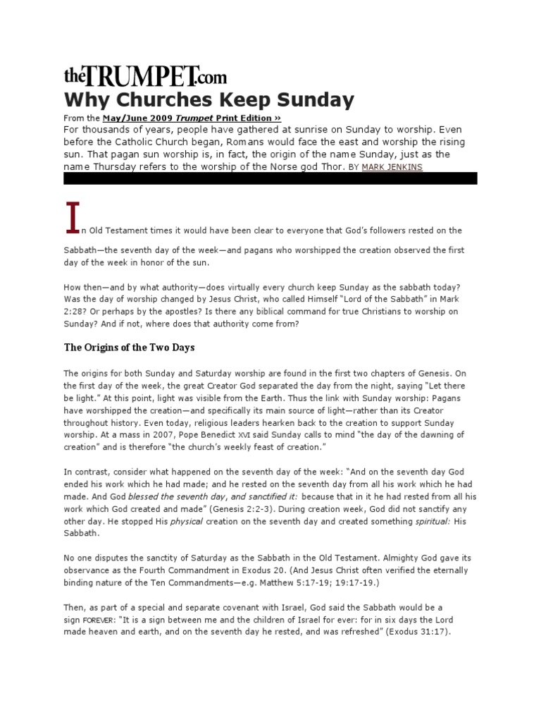 Why Churches Keep Sunday: The Origins of The Two Days | PDF | Sabbath ...