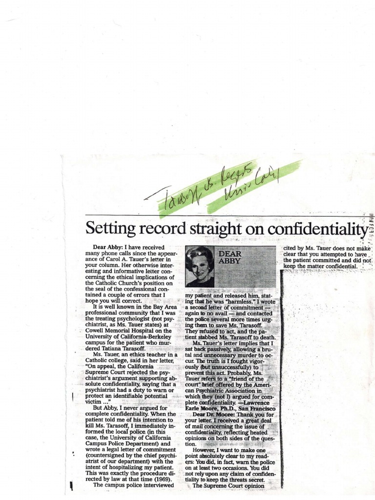 "Dear Abby" Re: Tarasoff V Regents | PDF