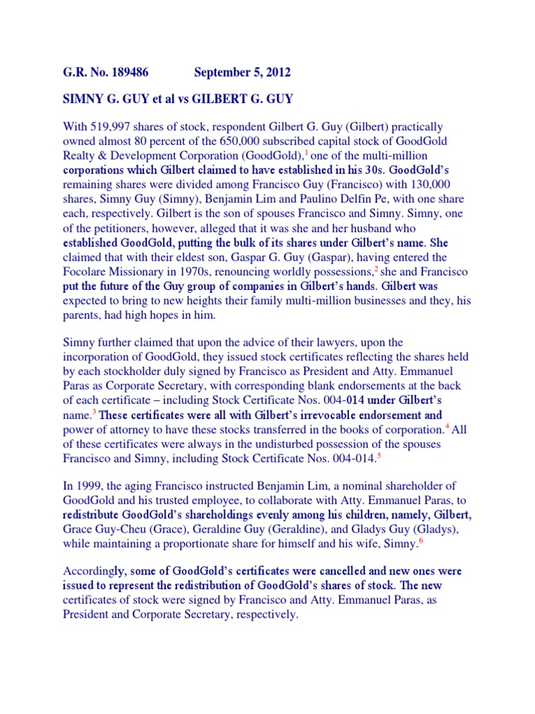 G.R. No. 189486 September 5, 2012 Simny G. Guy Et Al Vs Gilbert G. Guy ...