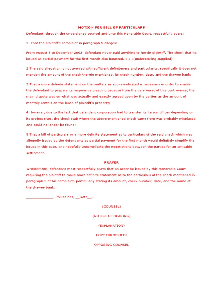 Motion For Bill of Particulars | PDF | Law