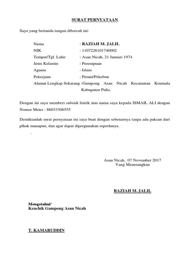 Surat Pernyataan Listrik | PDF