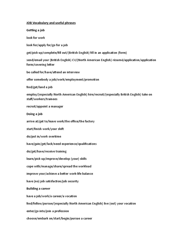 JOB Vocabulary and Useful Phrases | PDF | Career & Growth | Language ...