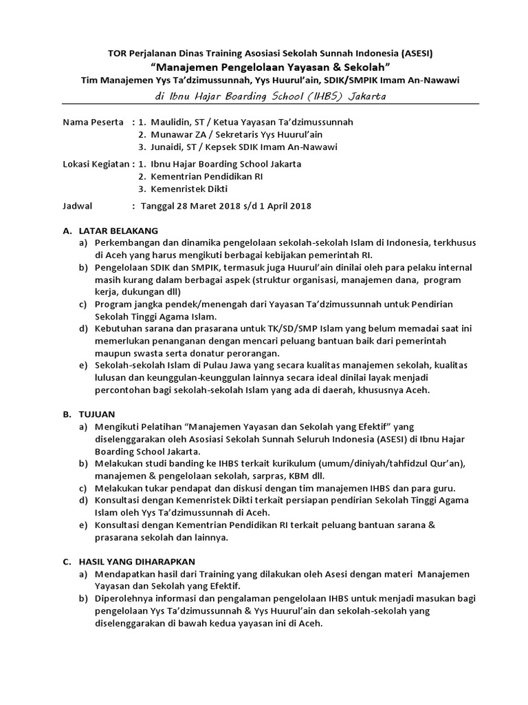 TOR Training Manajemen Pengelolaan Yayasan | PDF