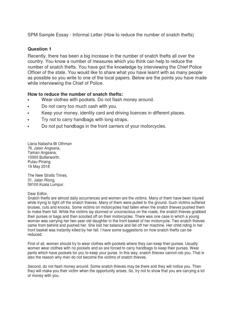 SPM Sample Essay - Formal Letter | PDF | Theft | Handbag