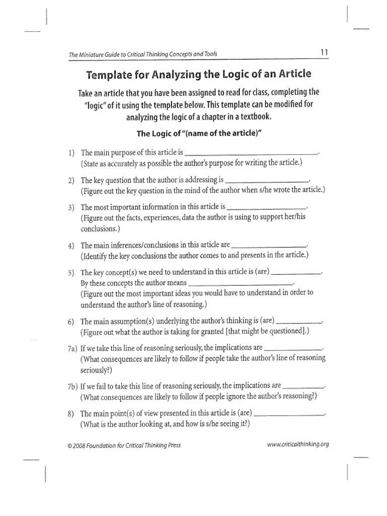 Critical Thinking Template Analyzing The Logic of An Article | PDF