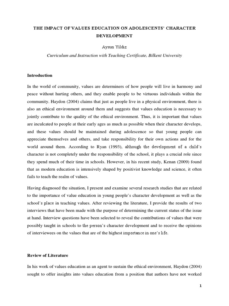 The Impact of Values Education on Adolescents’ Character Development ...