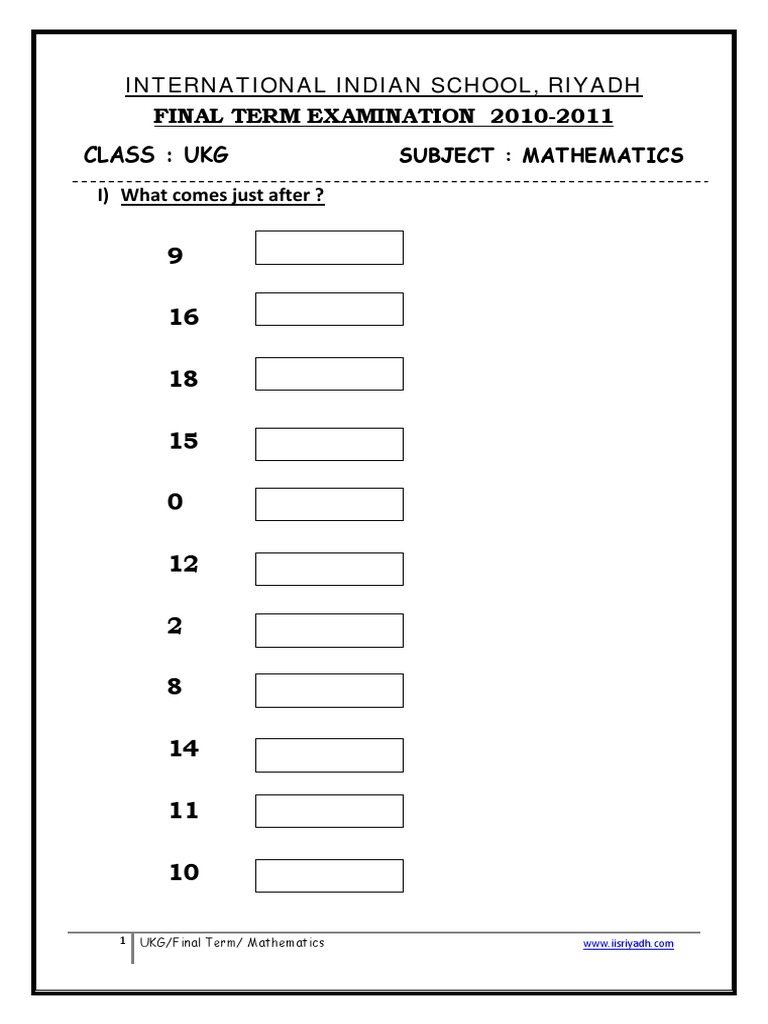 UKG Mathematics FinalTerm Worksheet | PDF | Teaching Mathematics | Science