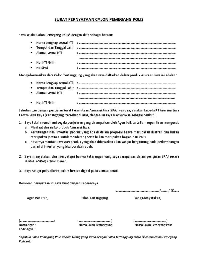 Surat Pernyataan Calon Pemegang Polis | PDF | Hukum