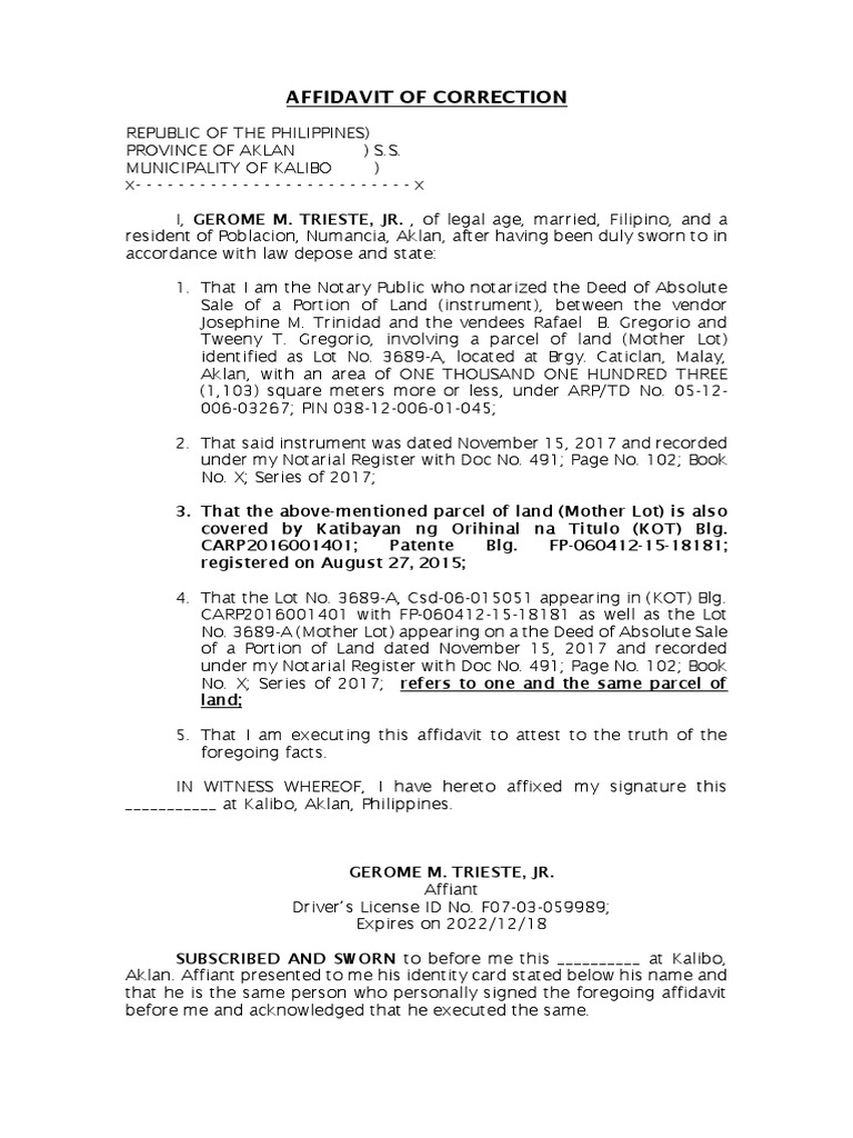 Affidavit of Correction No Title # | PDF | Affidavit | Notary Public
