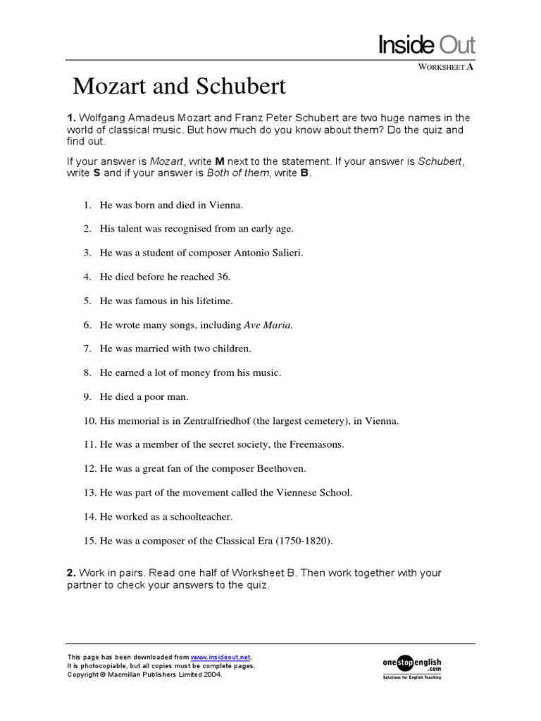 Mozart & Schubert - WORKSHEET | PDF | Franz Schubert | Music