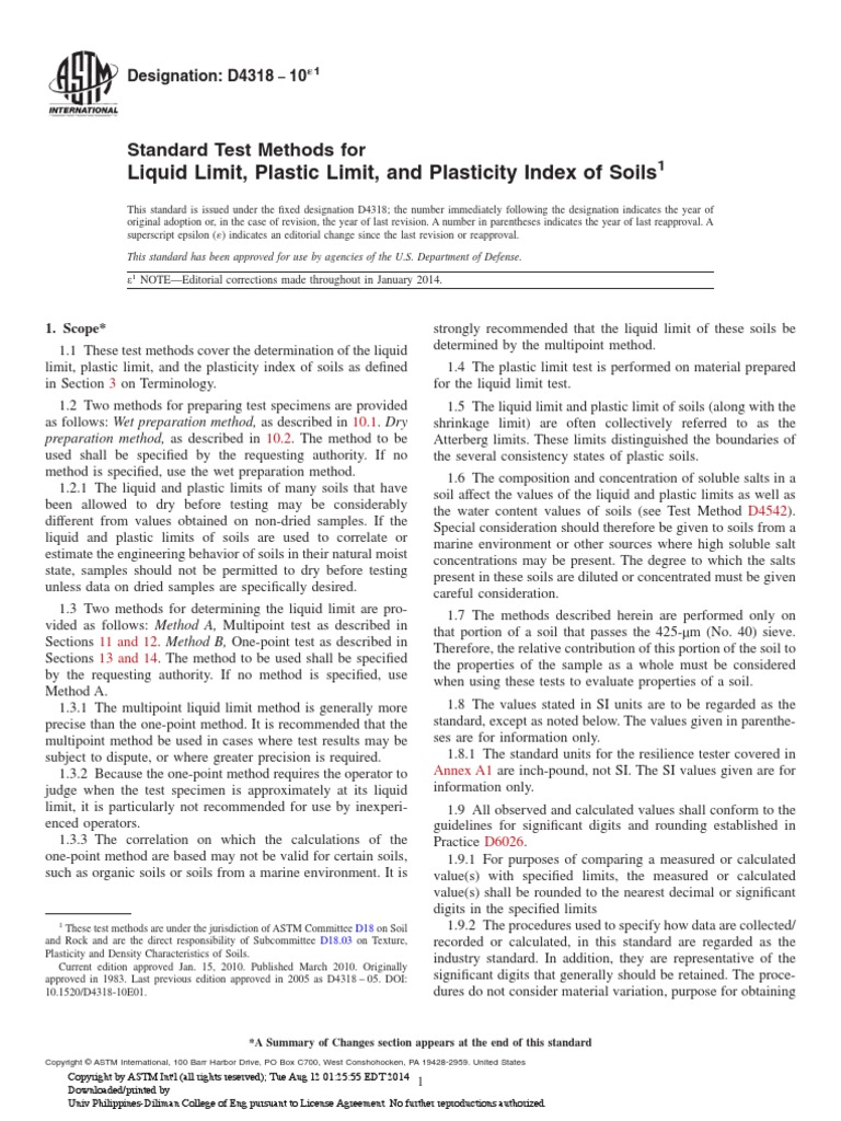 Astm D4318 10 | Download Free PDF | Soil | Materials