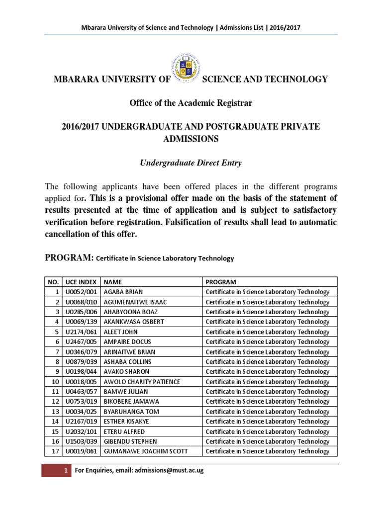 Mbarara University of Science and Technology Admission List 2016/2017 | PDF | Science And ...