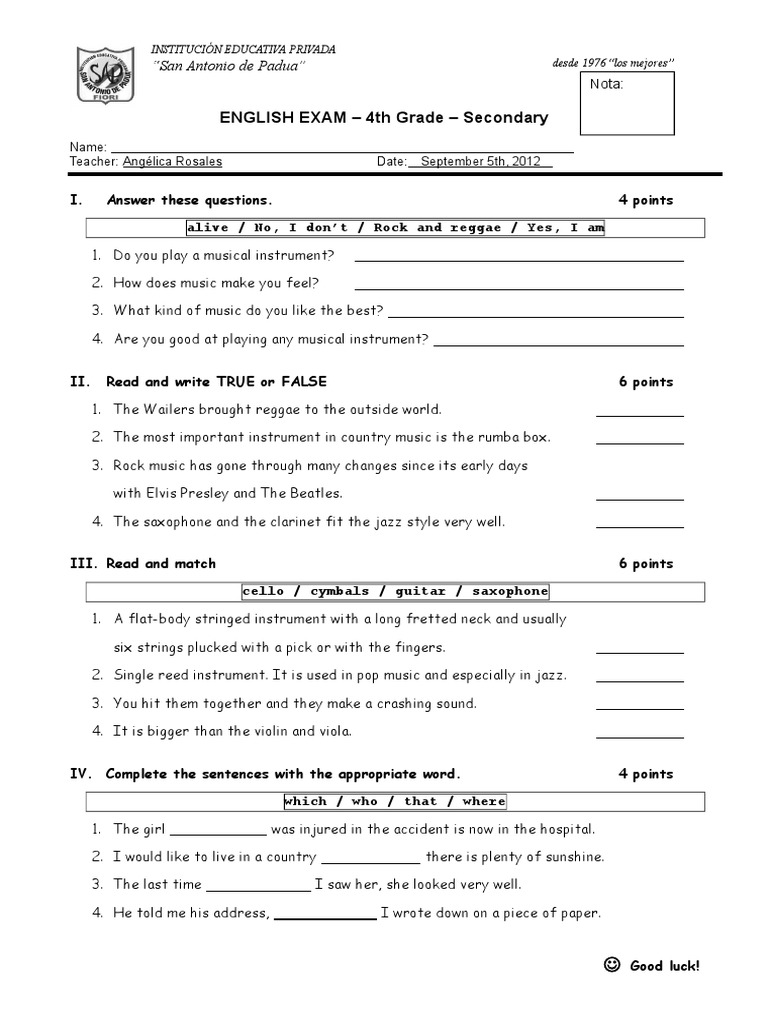 English Exam - Sec 4 - Septiembre | PDF