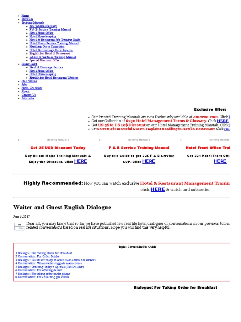 Waiter & Guest English Conversation or Dialogue at Hotel & Restaurant ...