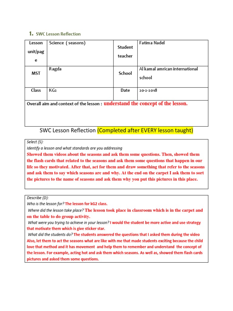Reflection on KG2 Seasons Lesson | PDF | Understanding | Teachers