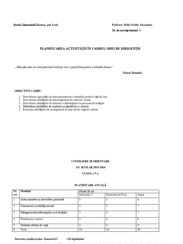 Planificare Dirigentie Clasa A V-A | PDF
