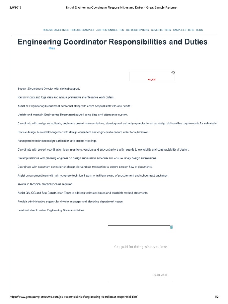 Engineering Coordinator Responsibilities and Duties | PDF