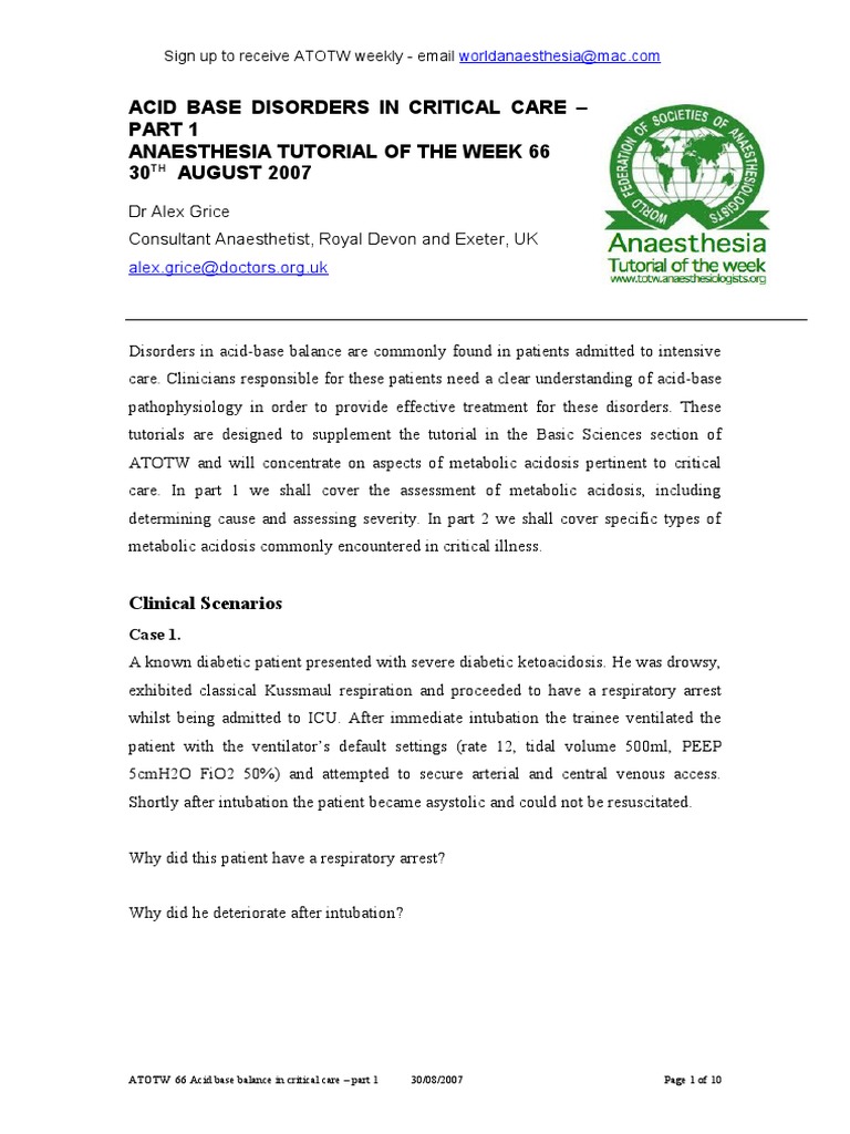 Acid Base Disorders in Critical Care - Anaesthesia Tutorial of The Week ...