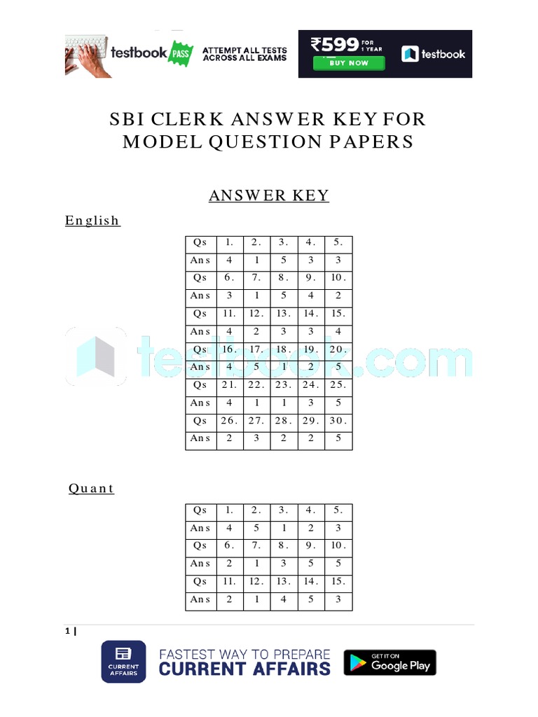 Answer Key For SBI Clerk Model Question Paper | PDF | Interest | Verb