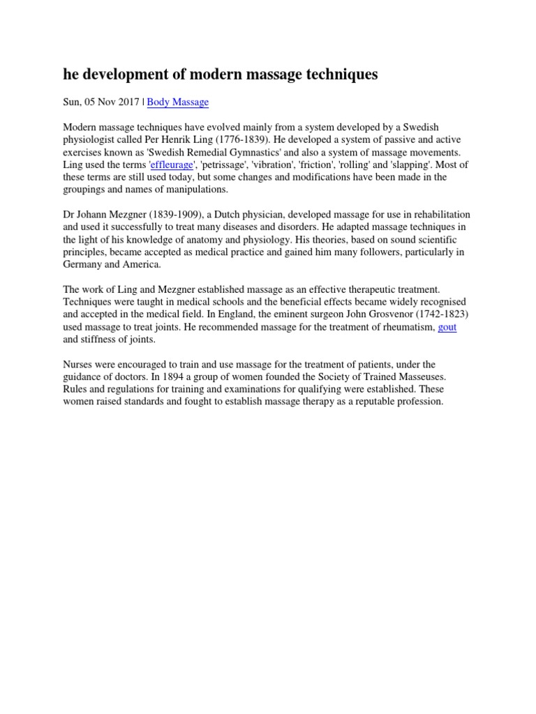 He Development of Modern Massage Techniques | PDF