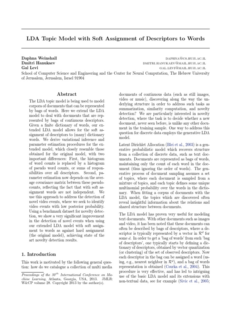 LDA Topic Model With Soft Assignment of Descriptors To Words | Download ...