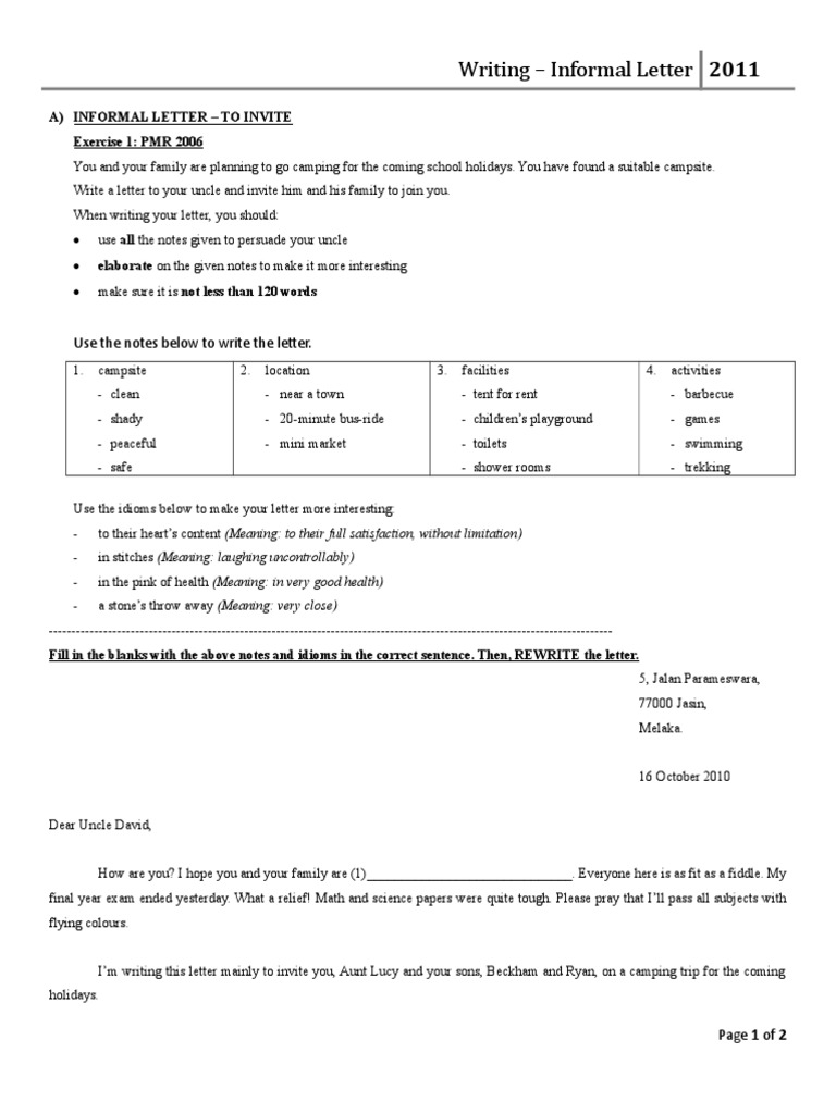 Writing - Informal Letter 2011: Use The Notes Below To Write The Letter ...