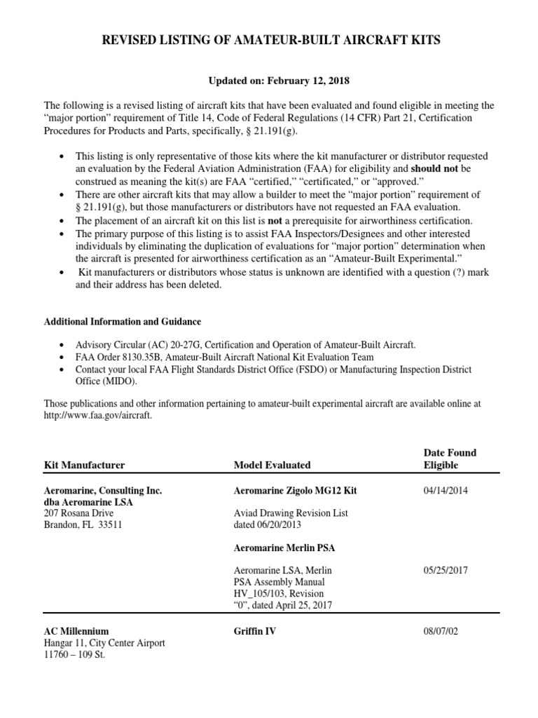 Revised Listing and Evaluation of Amateur-Built Aircraft Kits Provides ...