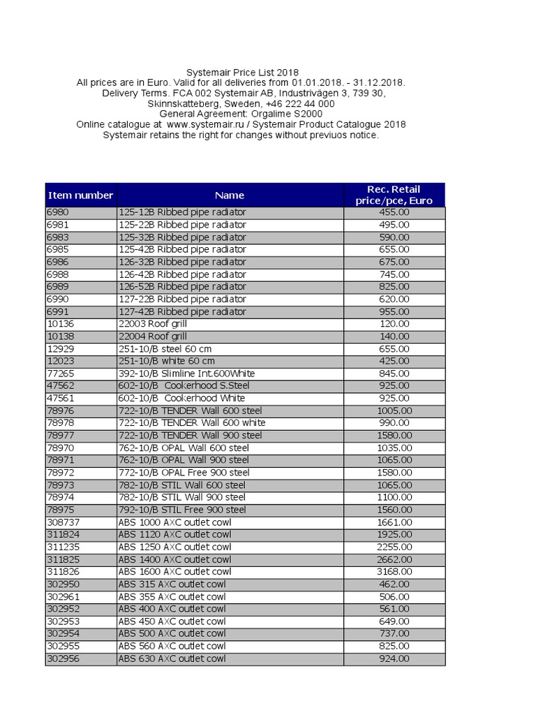 Systemair 2018 Price List Overview | PDF | Nozzle | Hvac