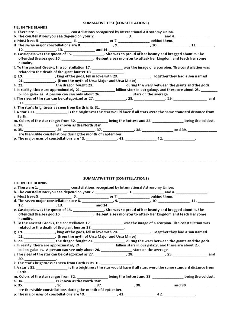 Summative Test Constellations | PDF | Constellation | Stars