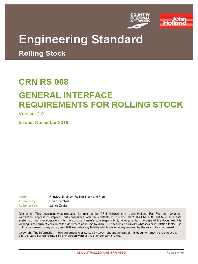 CRN Rs 008 v20 General Interface Requirements For Rolling Stock | PDF | Vehicles | Rail Transport