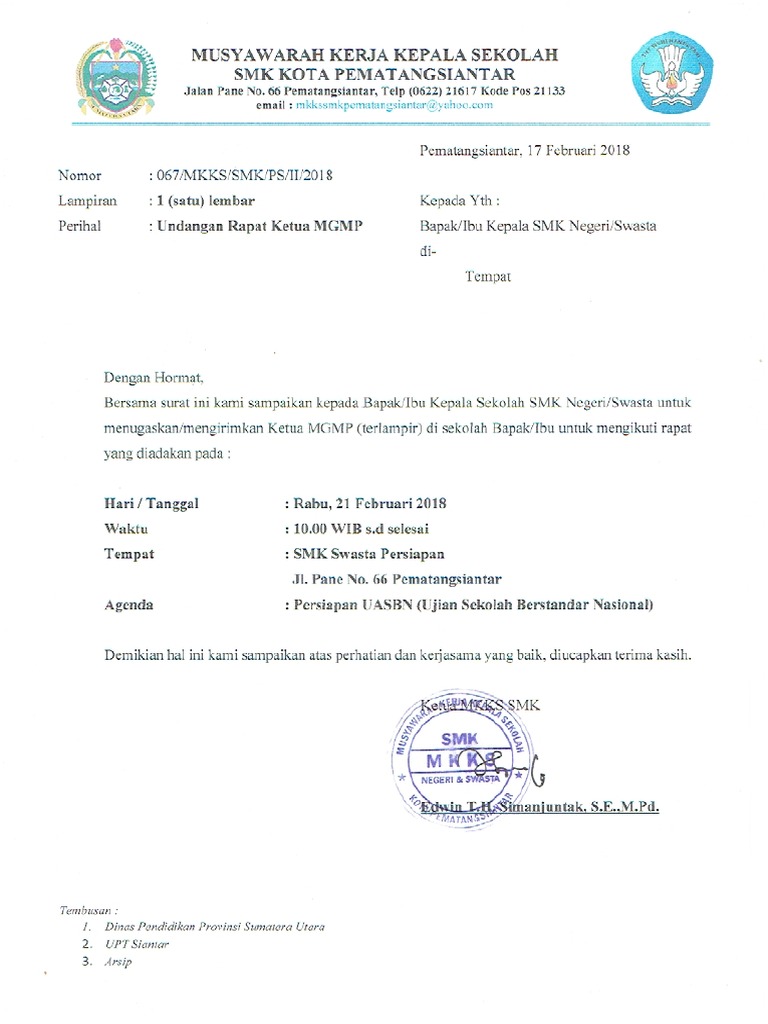 Surat Undangan Rapat Ketua MGMP SMK | PDF