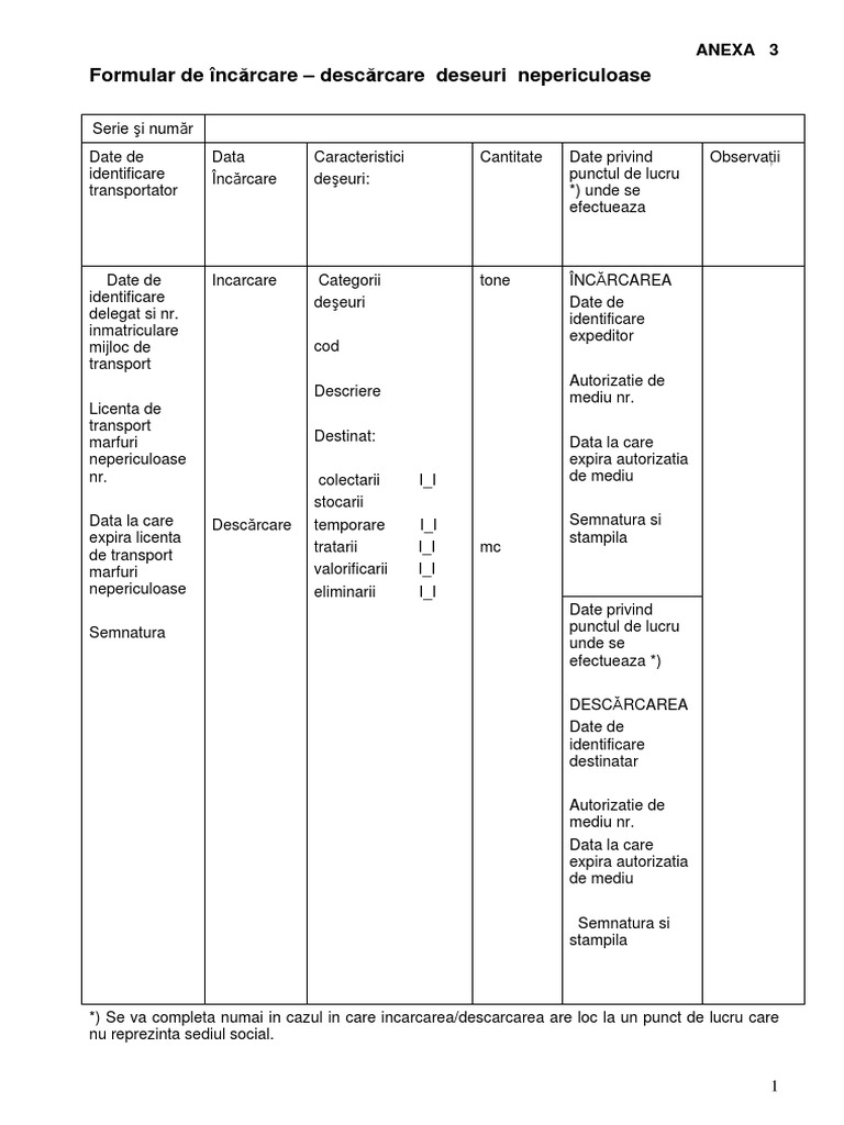 A3 Formular - Incarcare - Descarcare - Deseuri PDF | PDF
