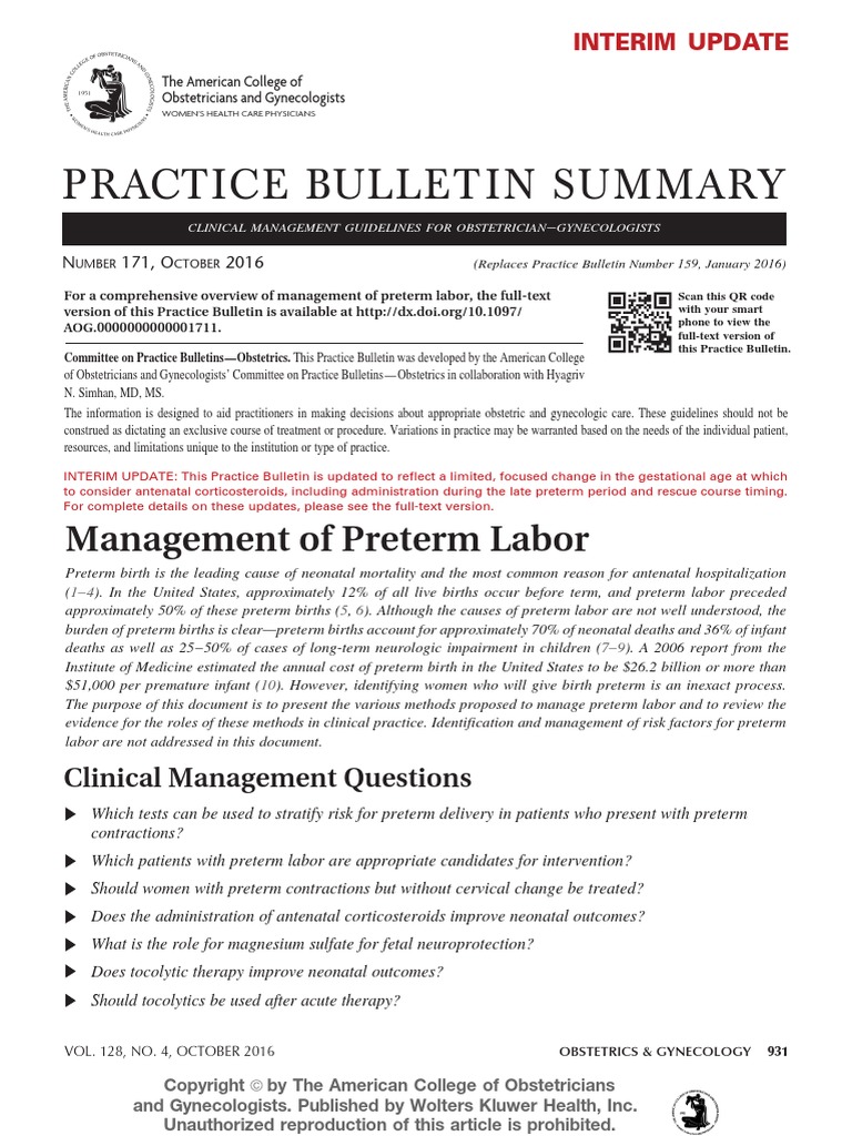 Practice Bulletin No 171 Summary Management Of.52 (ACOG | PDF | Preterm Birth | Childbirth