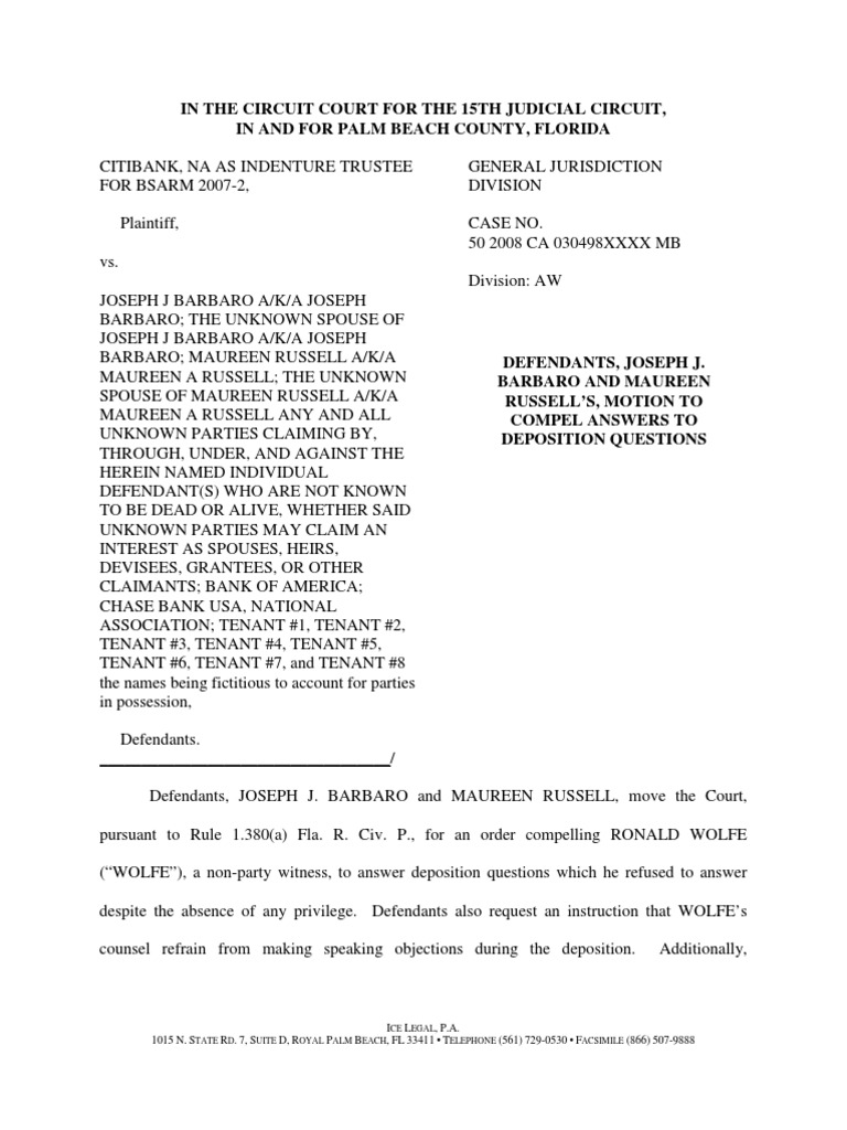 Motion To Compel Answers To Deposition Questions of Ron Wolfe FDLG ...